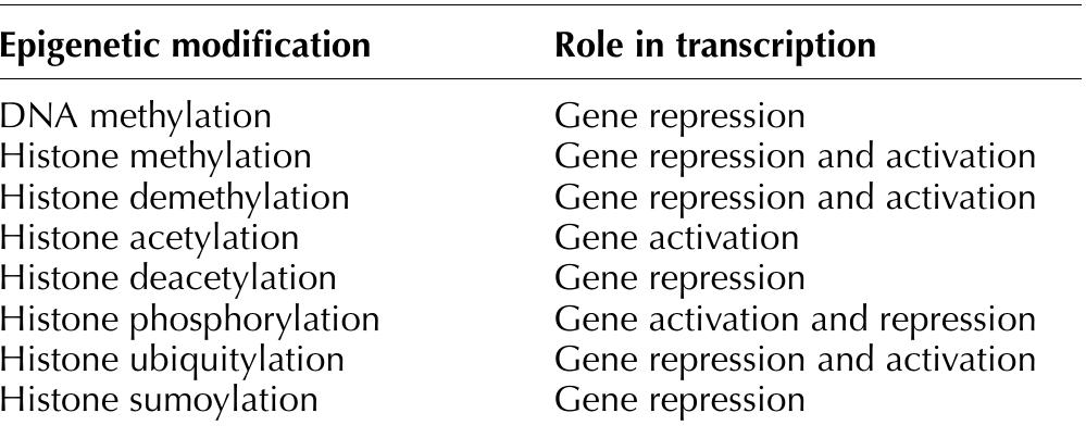 Types of epigenetic modifications and their generalised