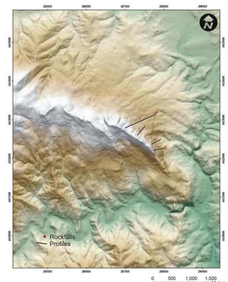 Map showing the location of boulders and the four selected