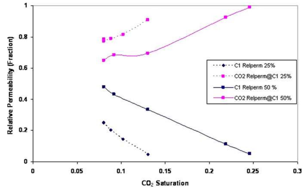 Relative permeability curves vs. co, saturation.