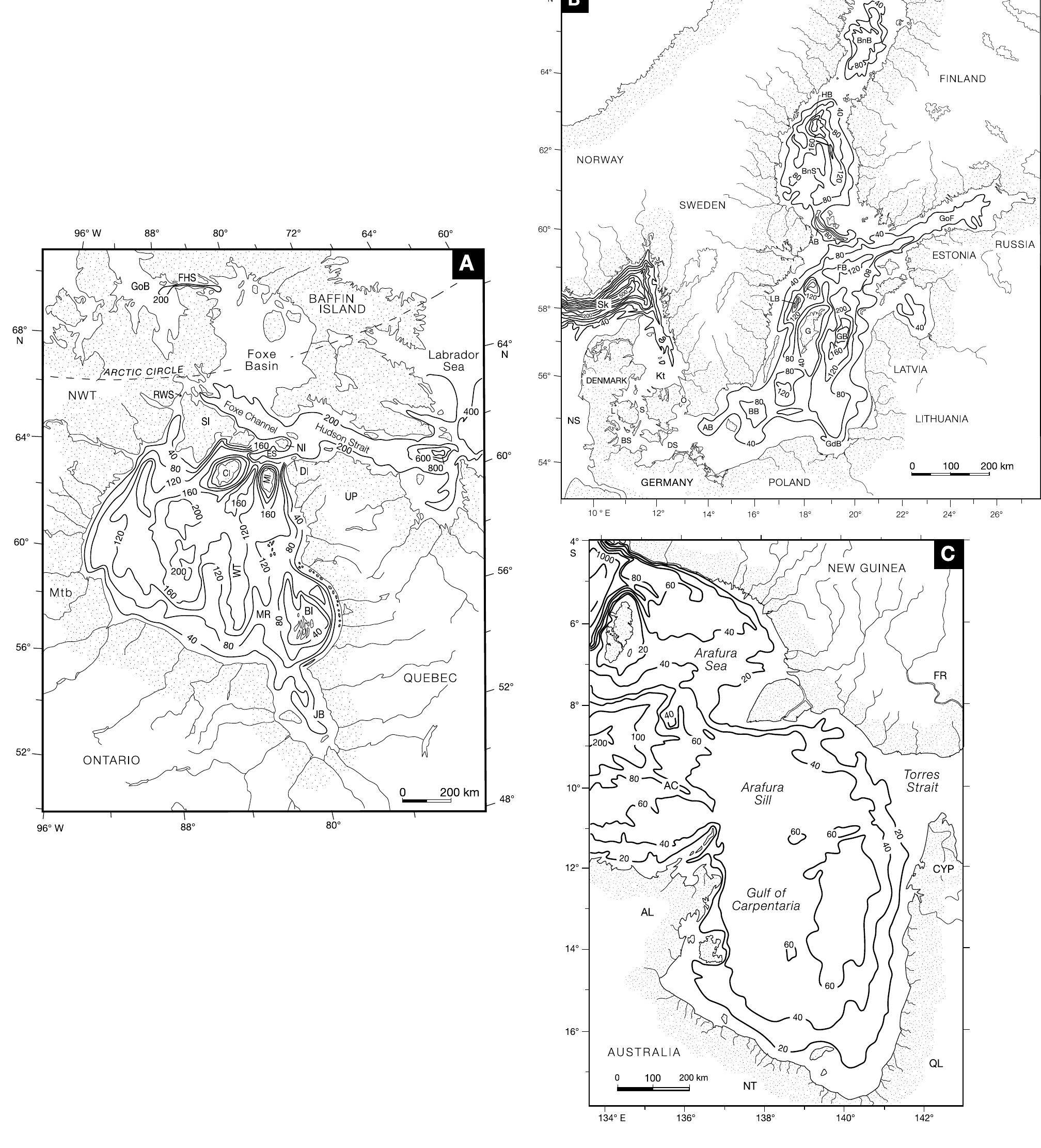 Maps of modern epicontinental seas: (a) hudson bay, (b)
