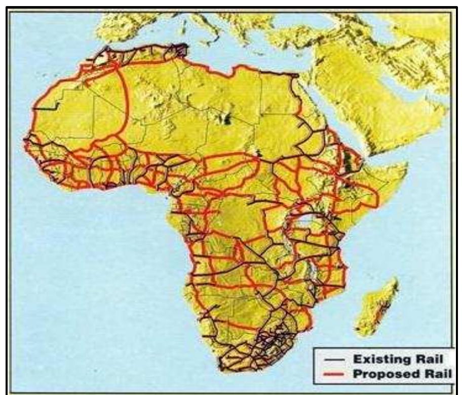 A map of existing and proposed railway networks in a frican