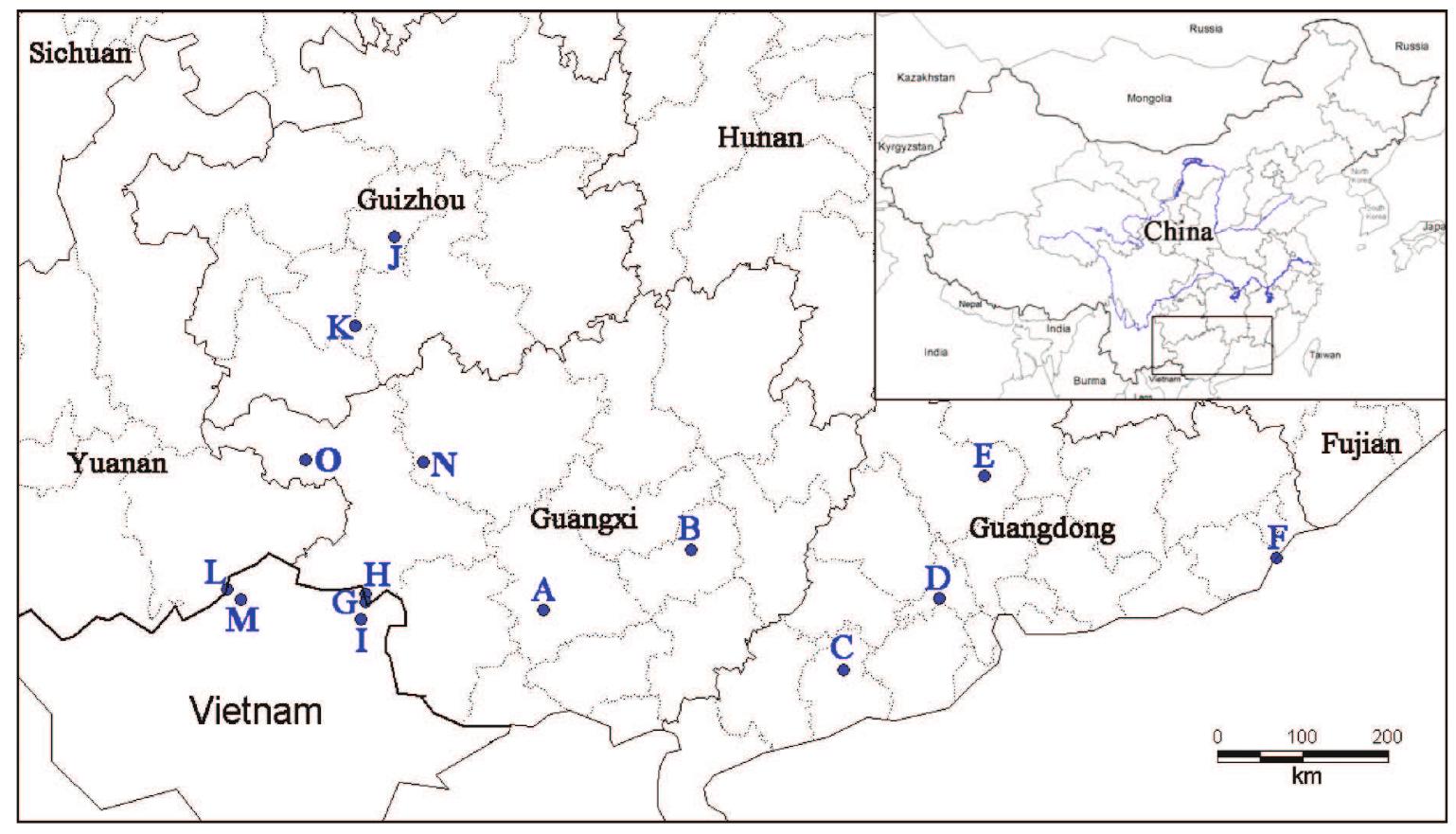 |. map of locations of camaena species. c. cicatricosa: a