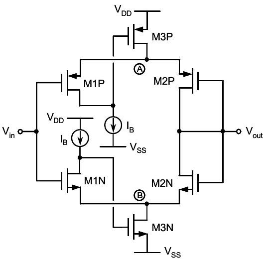 Low power buffer based on two complementary class ab