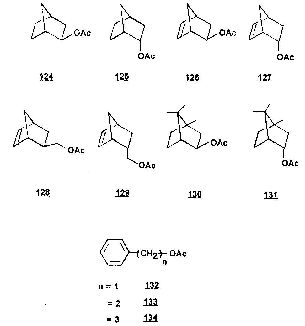 Molecular structures of bicyclic and aromatic acetates.