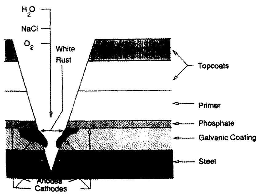 Schematic cross-section view of coating system damaged to