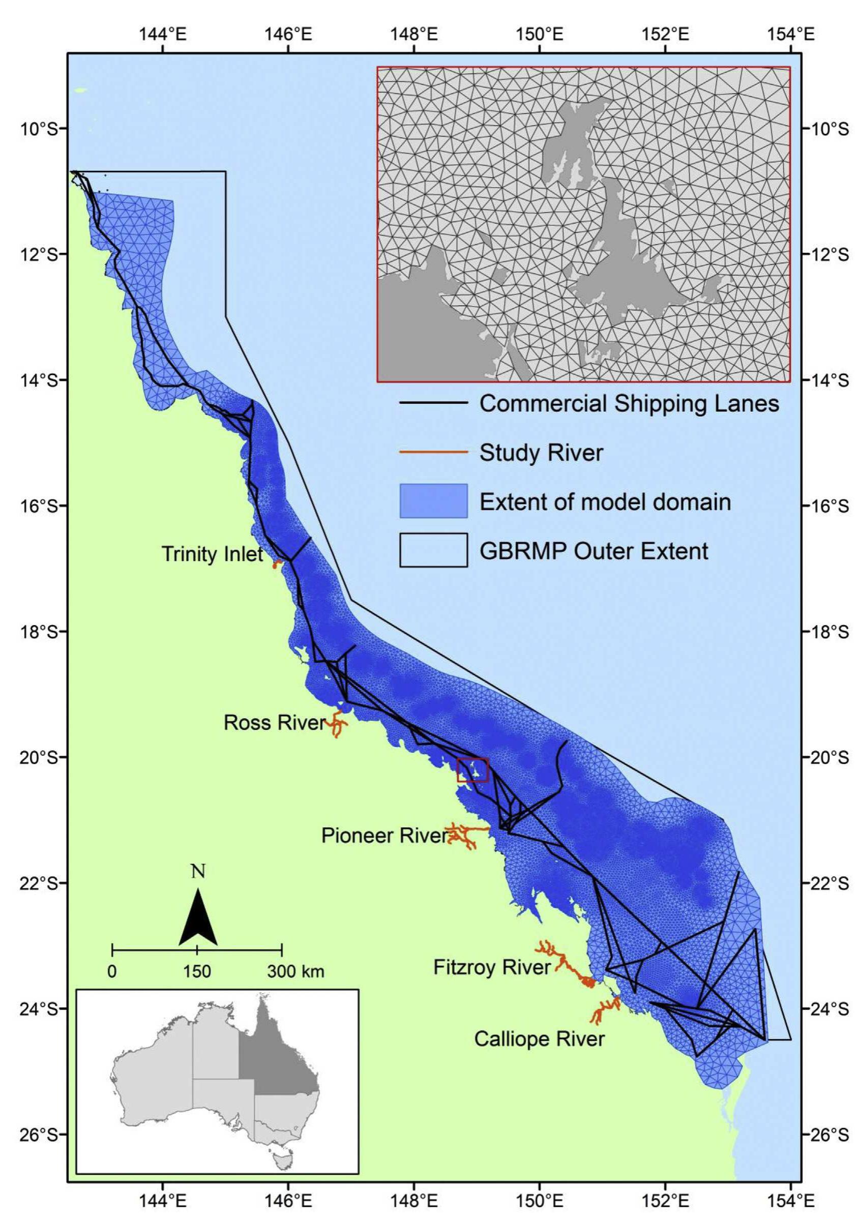 Map of the study region and the oceanographic model mesh.