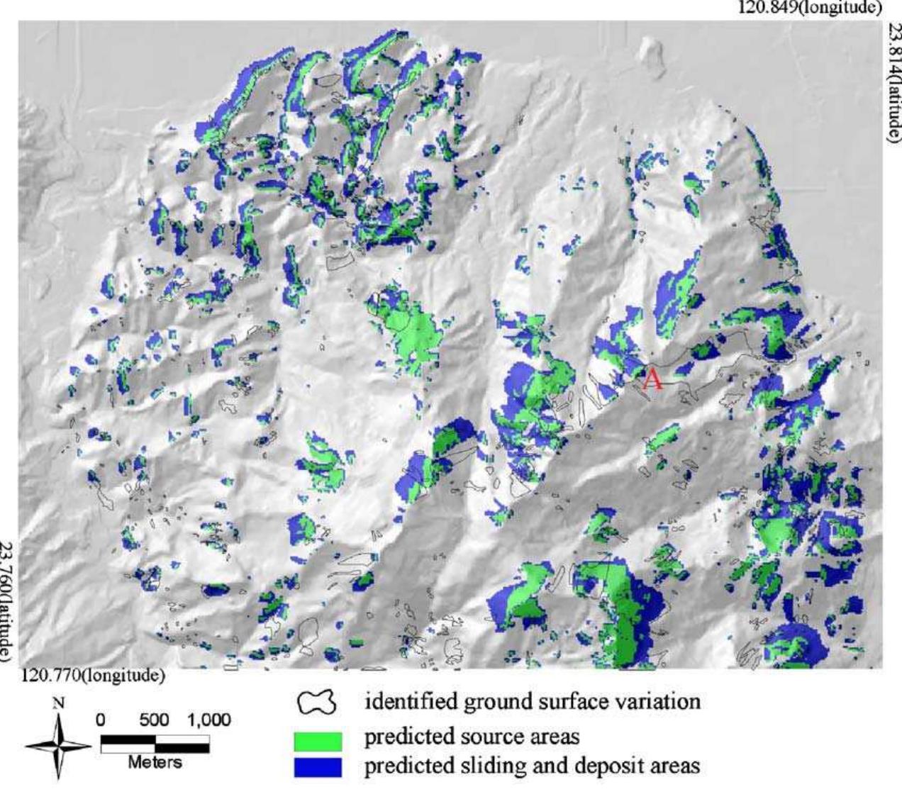 Map of the actual landslide area and source, sliding, and