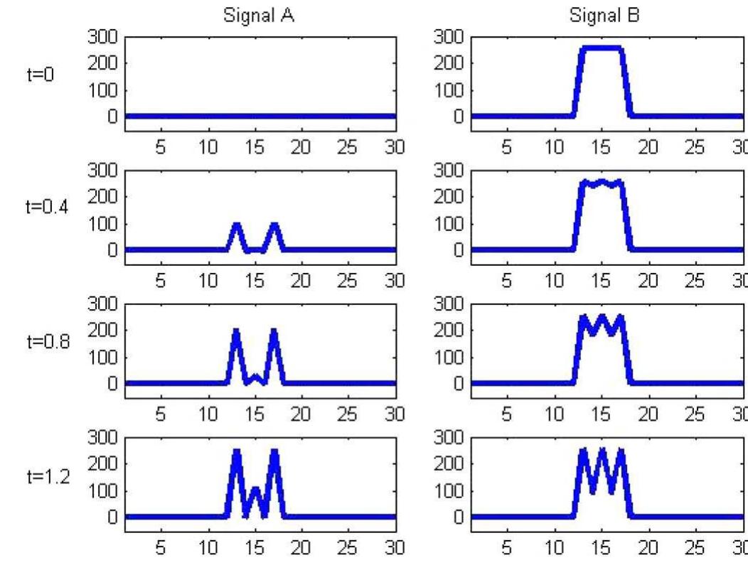 Evolution of the fusion process between two 1-d signals. the