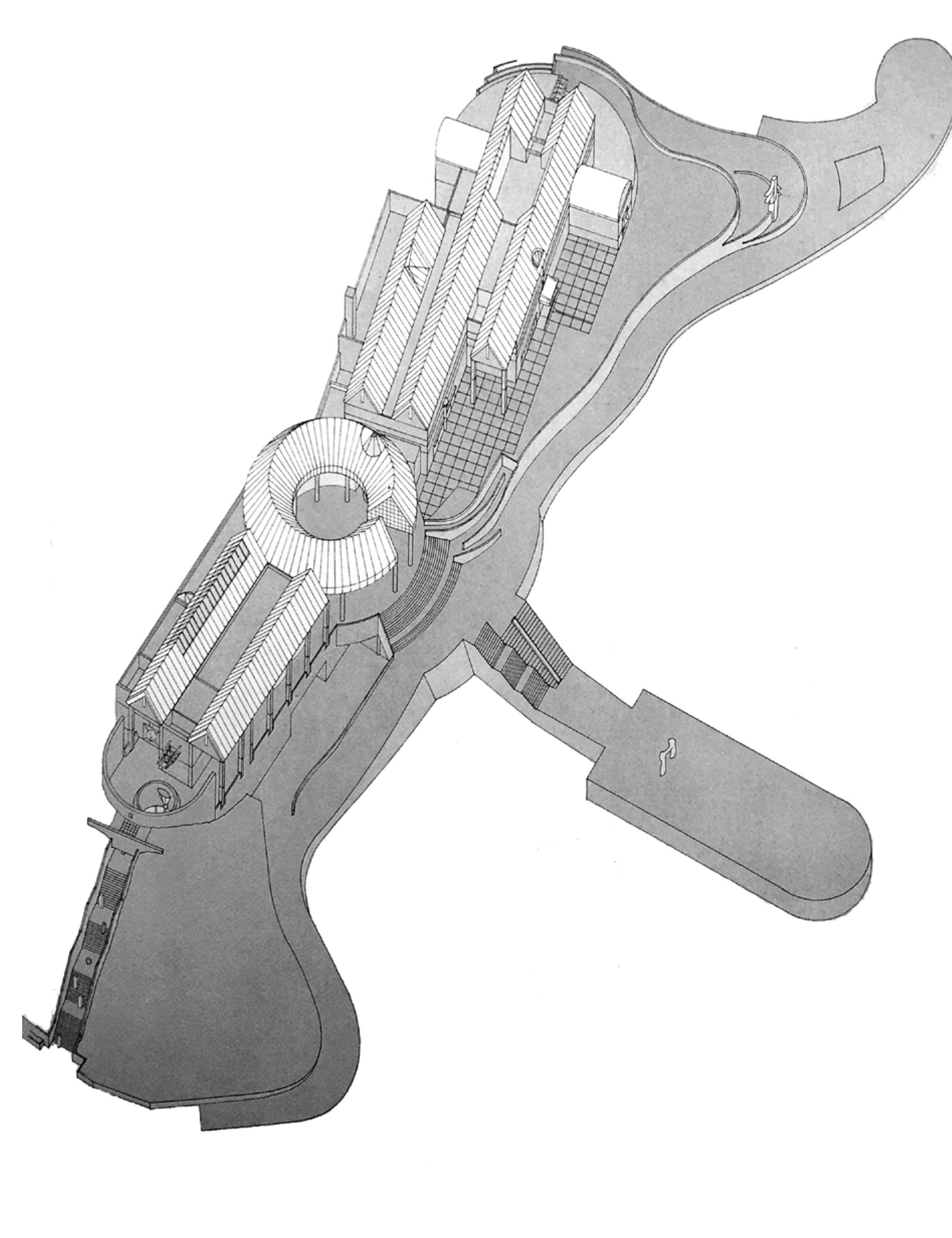 Axonometric view of the museum showing the central point of