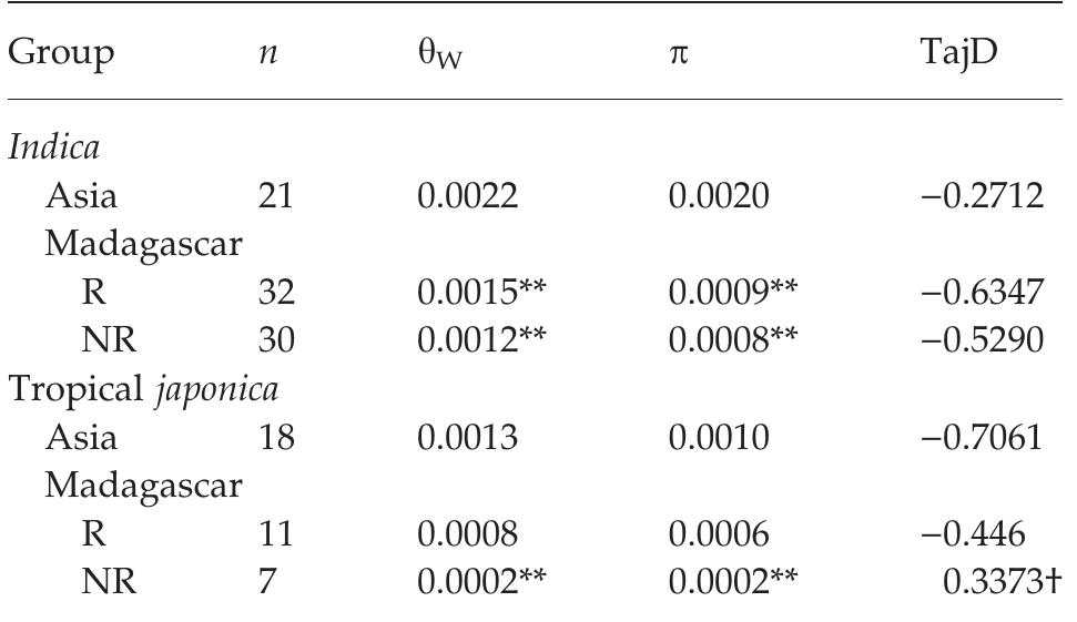Mean summary statistics for nucleotide variation tbased on