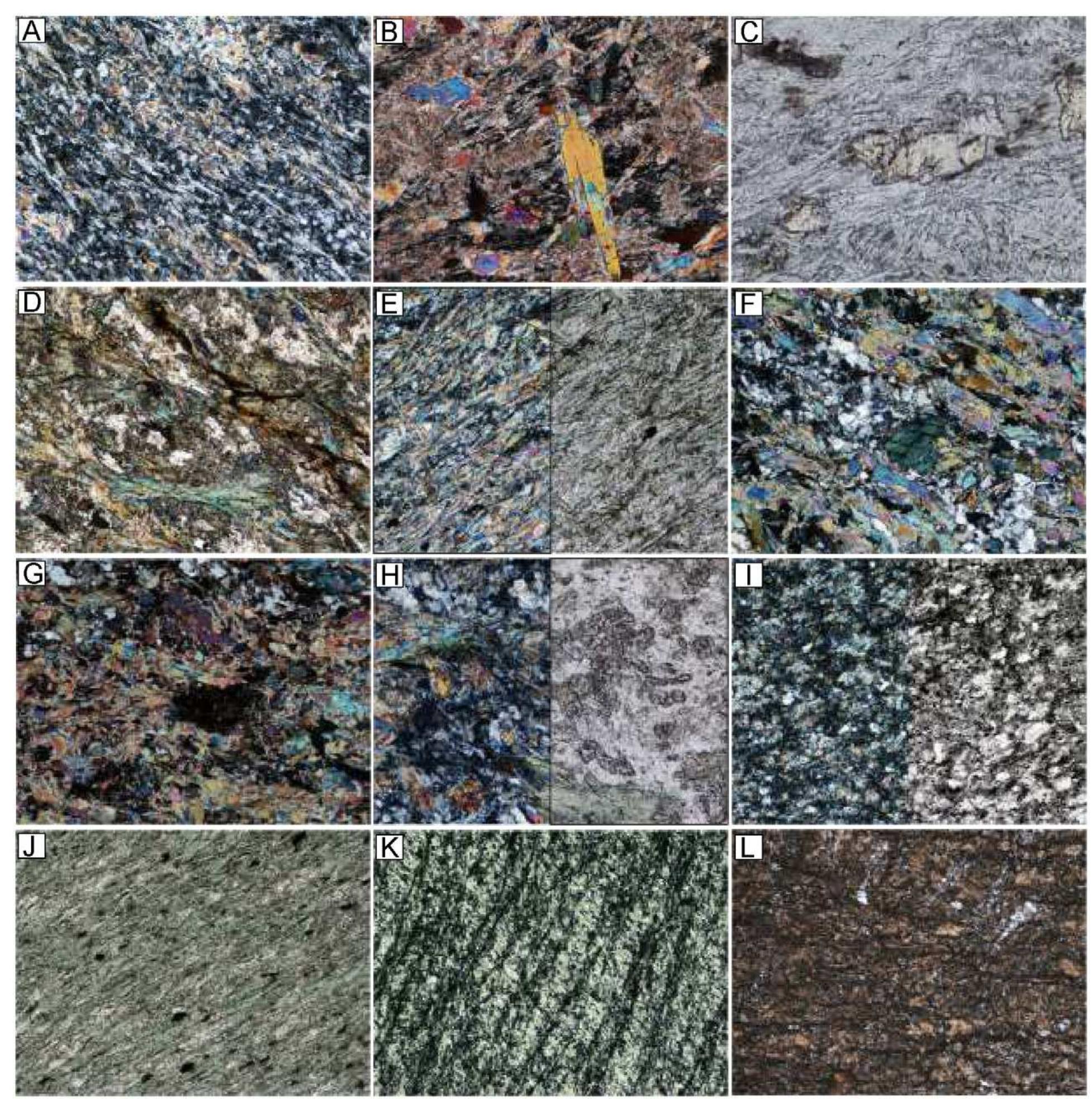 Photomicrographs of the ultramafic to mafic rocks: (a)