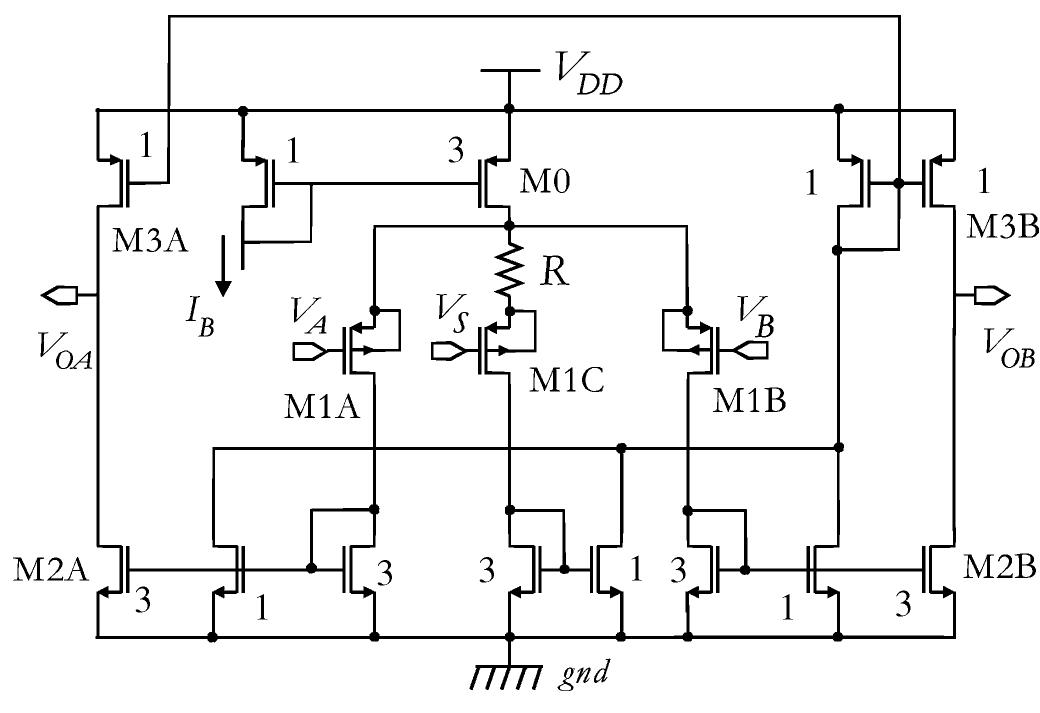 Three-input amplifier (tia) simplified schematic view.