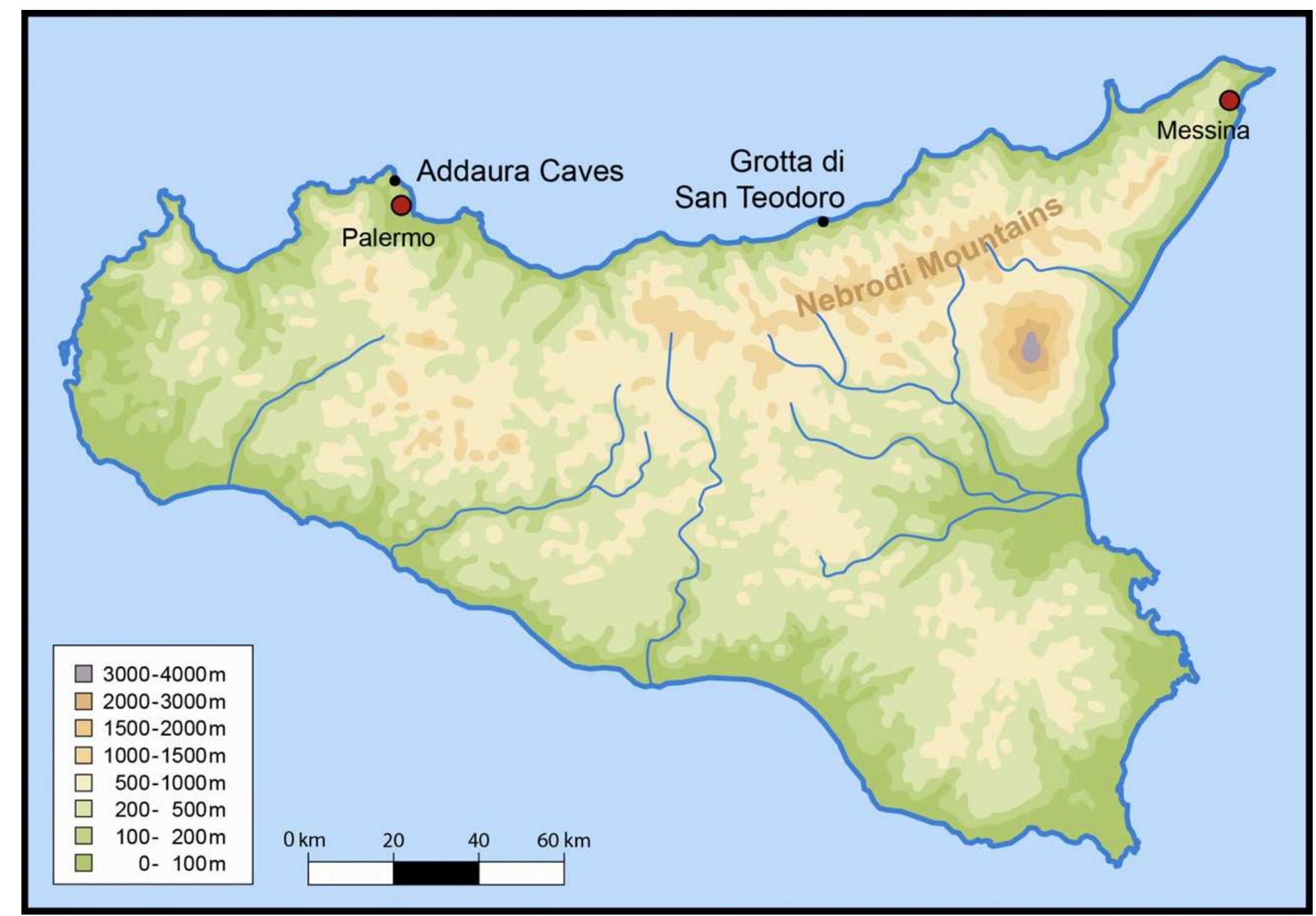 Map of sicily with location of the addaura and san teodoro