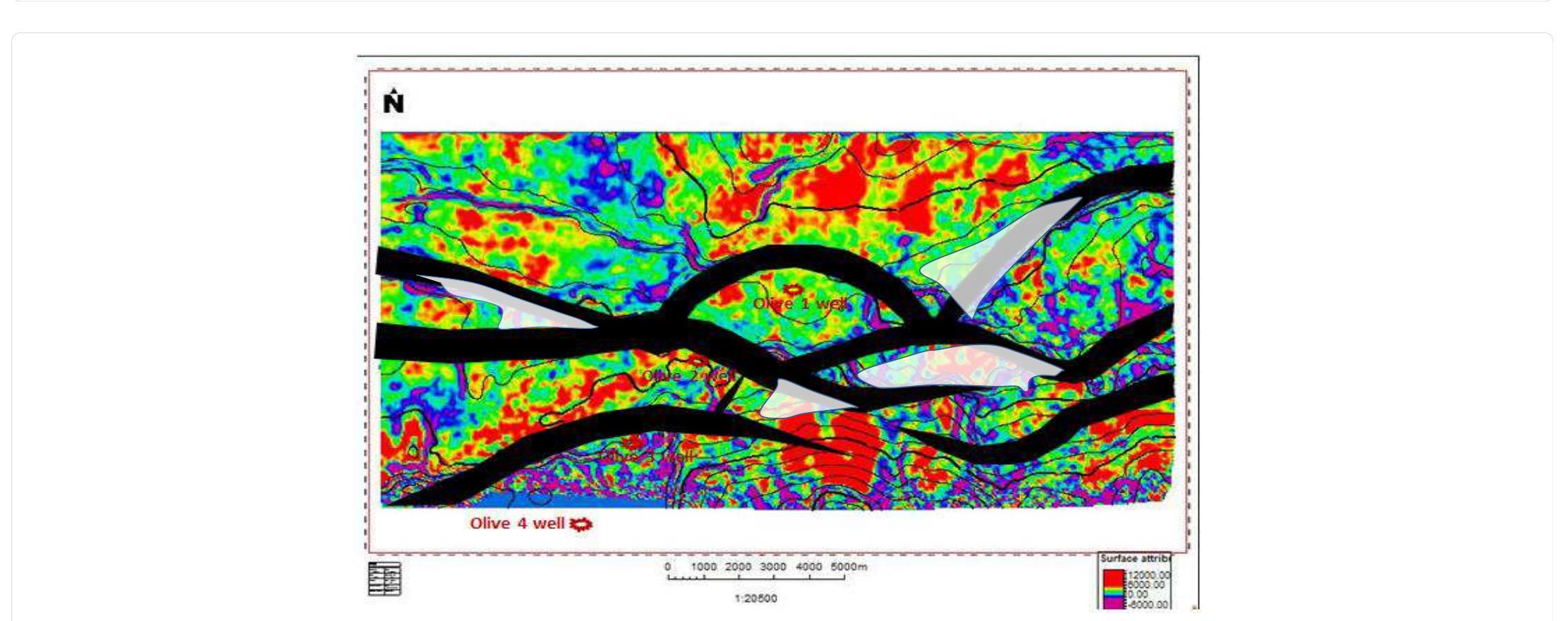 Structural map of reservoir top 4 with overlay of amplitude