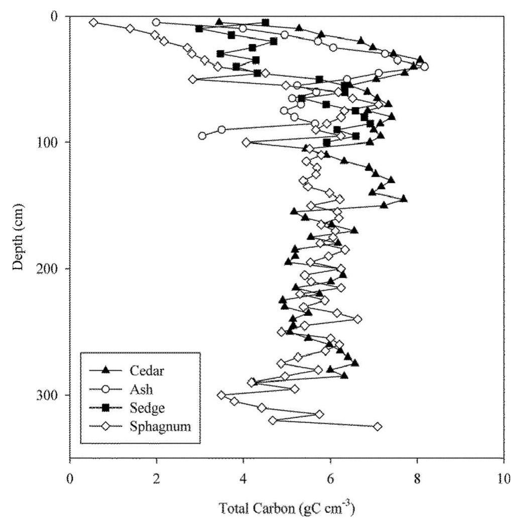 Average total peat carbon by vegetation types at 5 cm depth