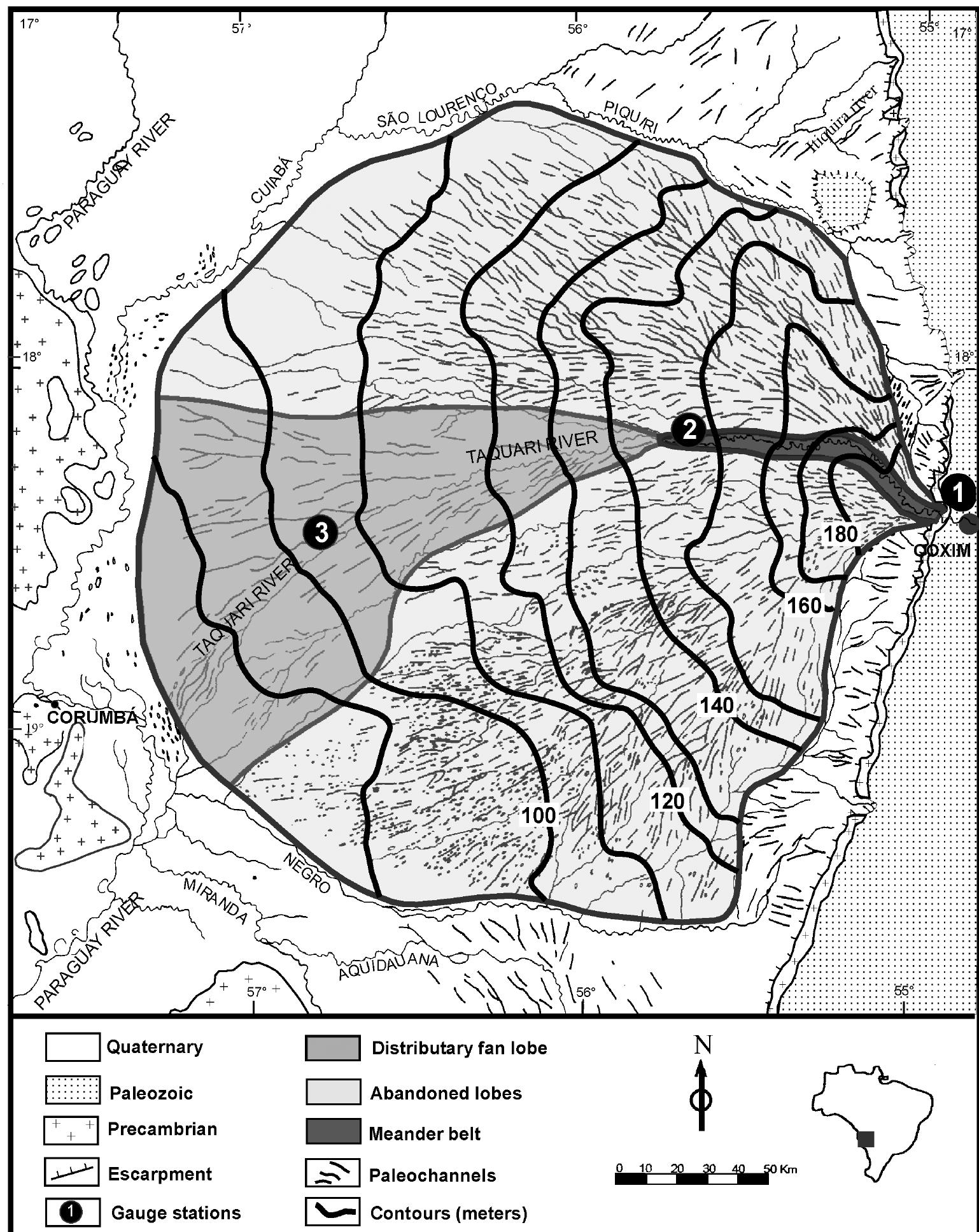 Map of the taquari megafan showing: contour lines (meters);