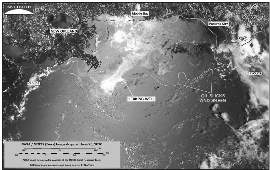 This modis satellite image shows oil slick and sheen