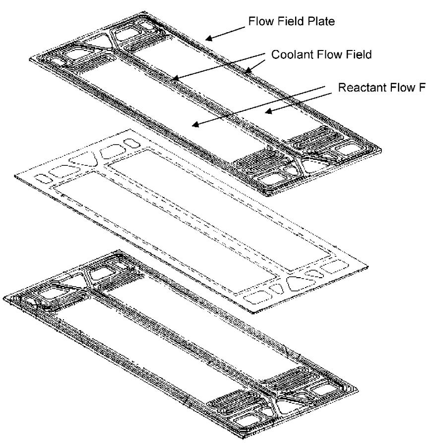 Reactant gas flow field and cooling fluid flow field built