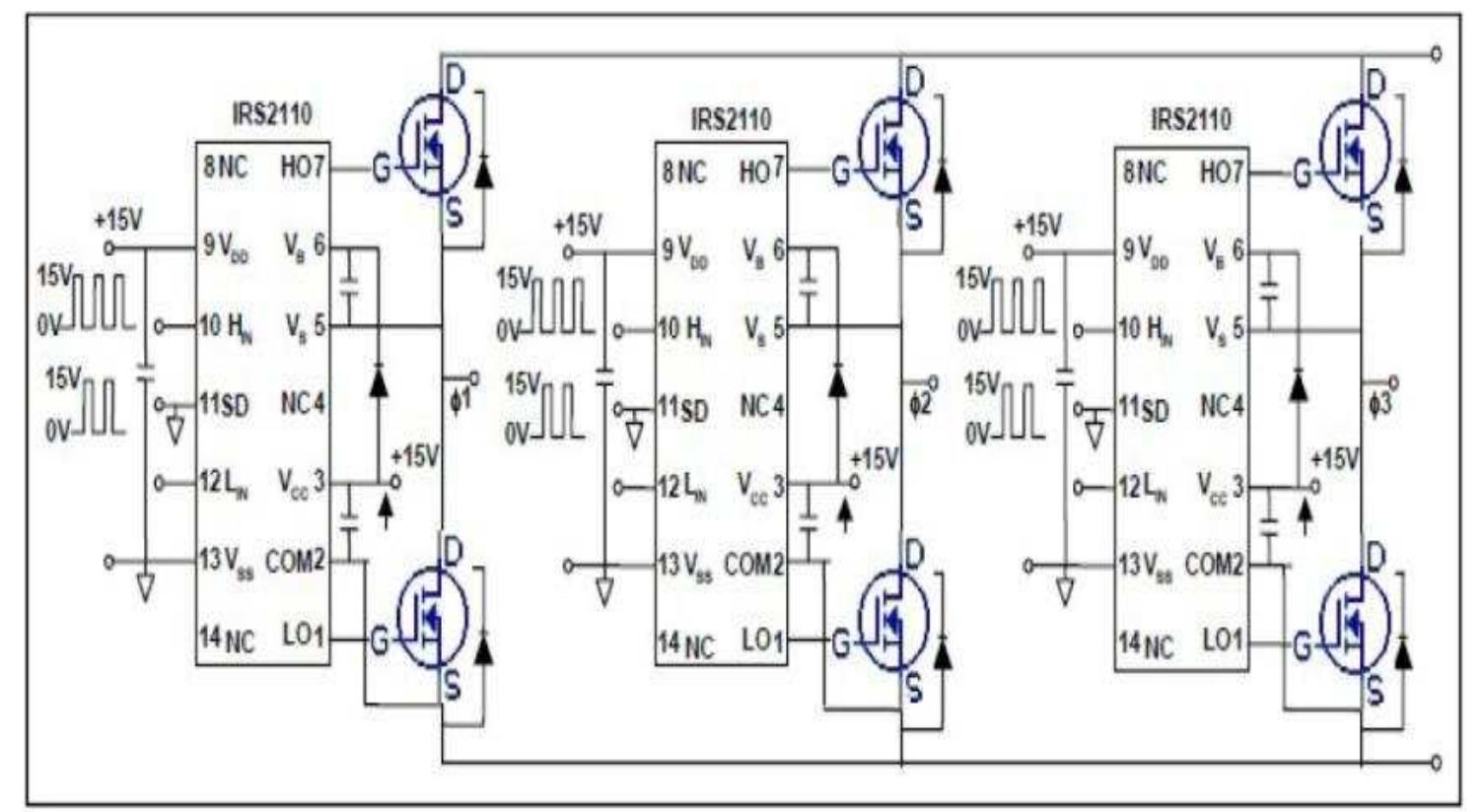 Three-phase inverter using irs2110 to drive mosfets