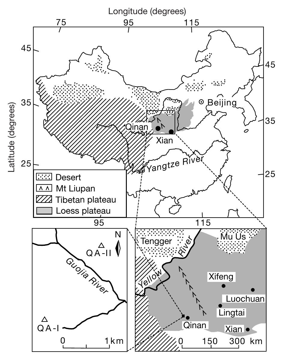 Maps showing the loess plateau, tibetan plateau, deserts in