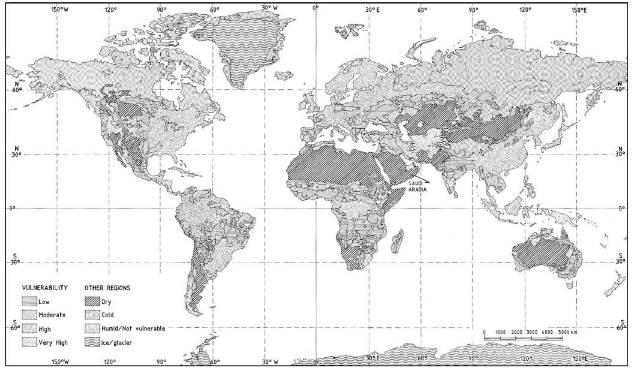 Global desertification vulnerability map showing the dry
