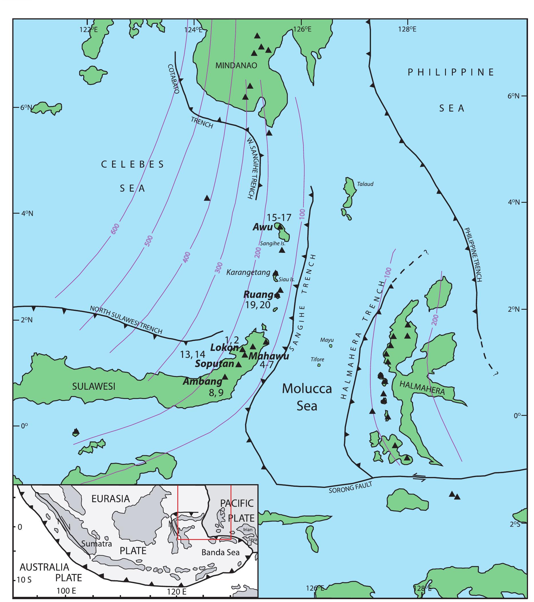 Detailed tectonic map of molucca sea area, displaying