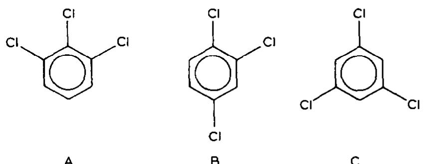 The three different isomers of trichlorobenzene shown, a, b