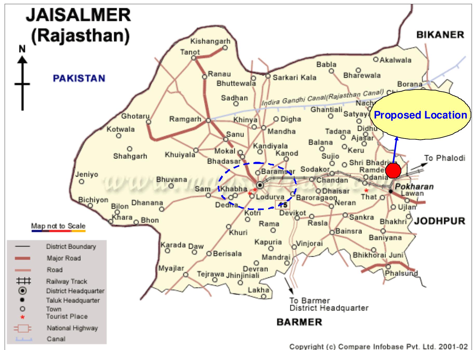 District map of jaisalmer indicating the proposed site.
