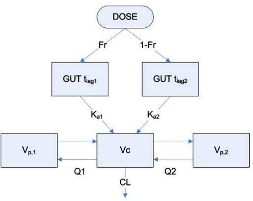 Pharmacokinetic piperaquine model. dual pathway absorp- tion