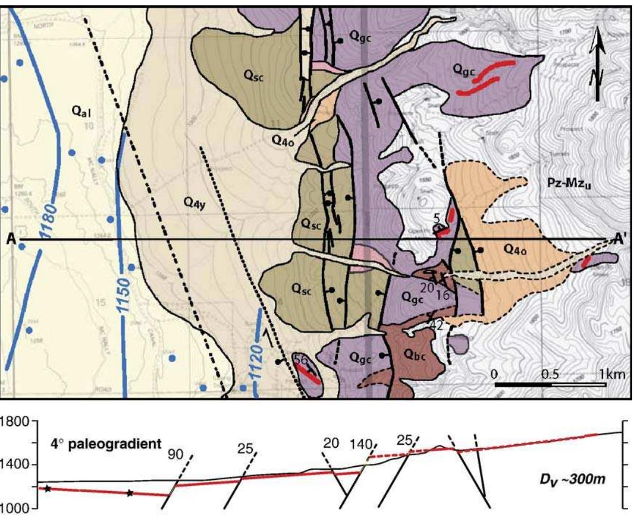Geologic map and cross-section of the fault zone at site 1