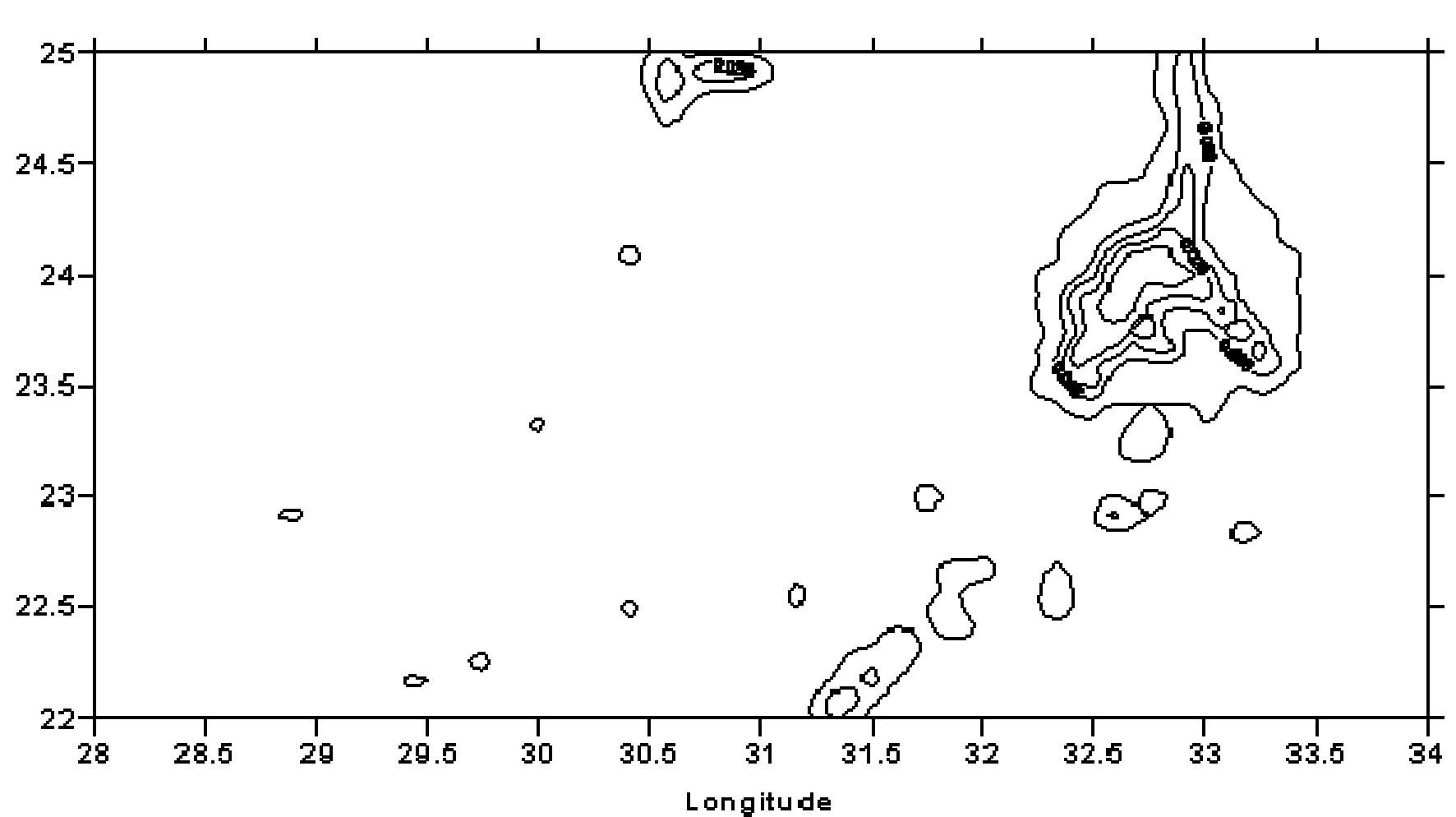 (3): contour map for the 5'x5' toshka geoid (interval: 0.25