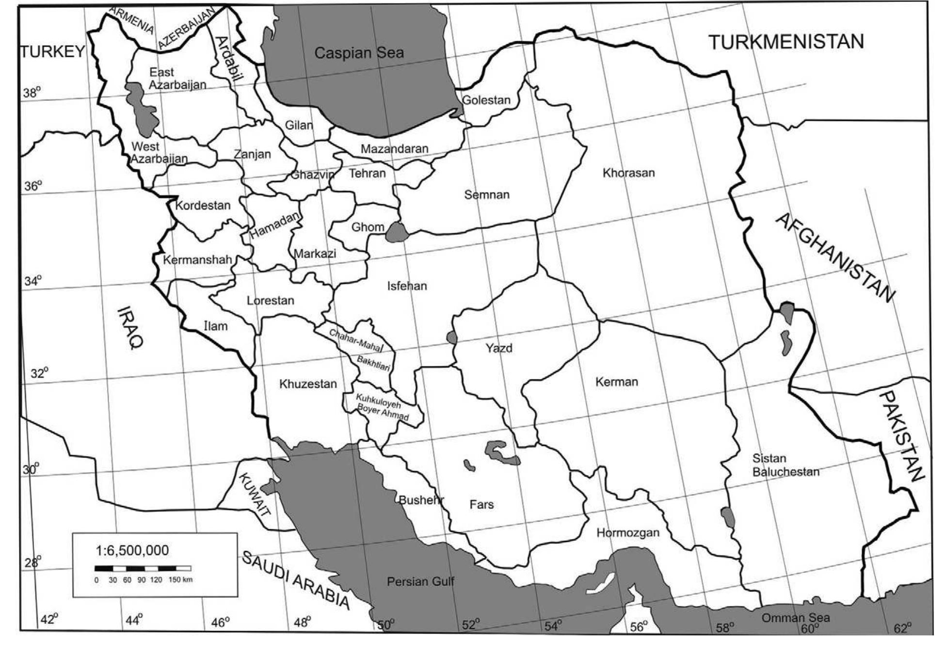 Map of iran with boundaries of provinces. the published data
