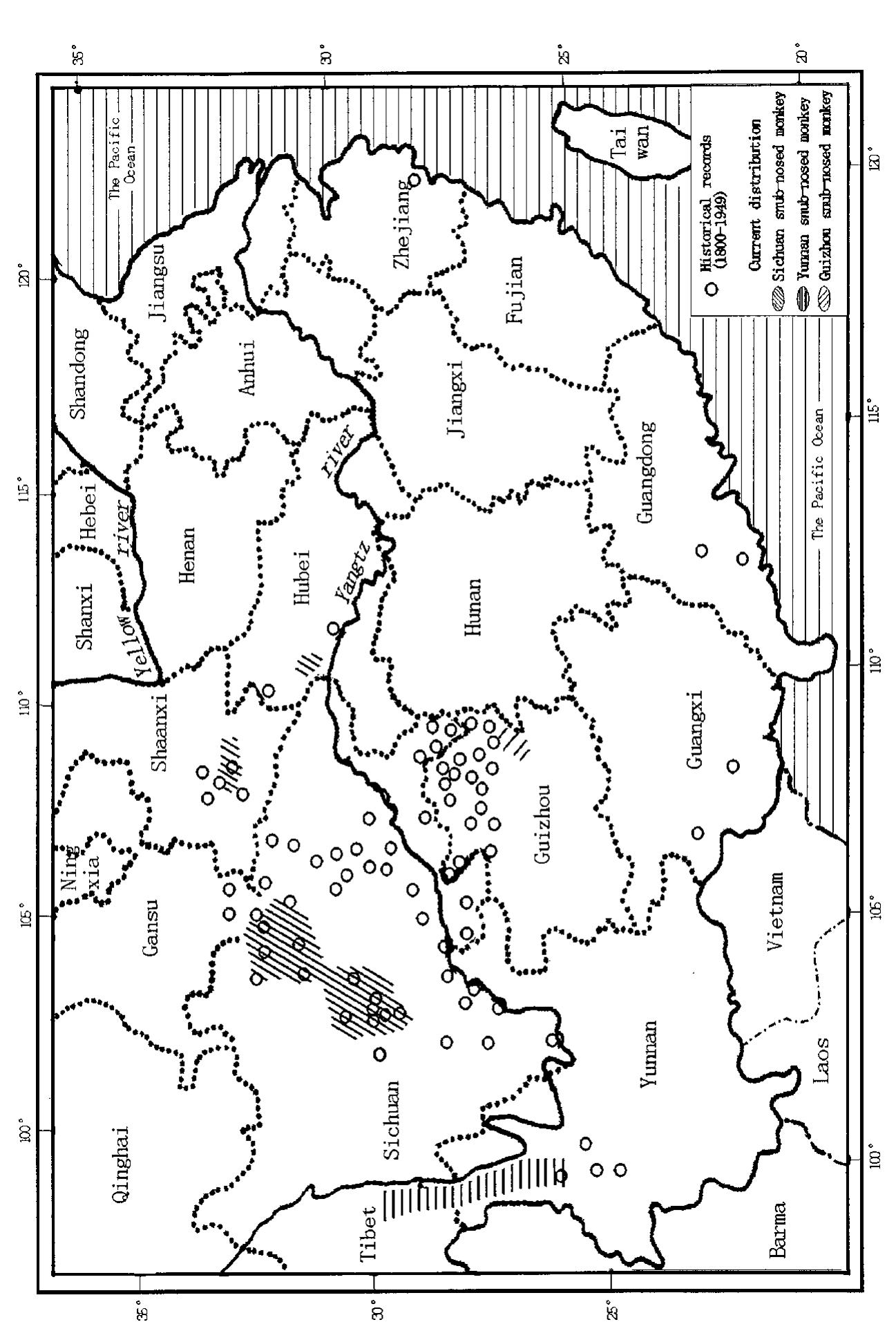 The distribution of the snub-nosed monkeys in china ca 200