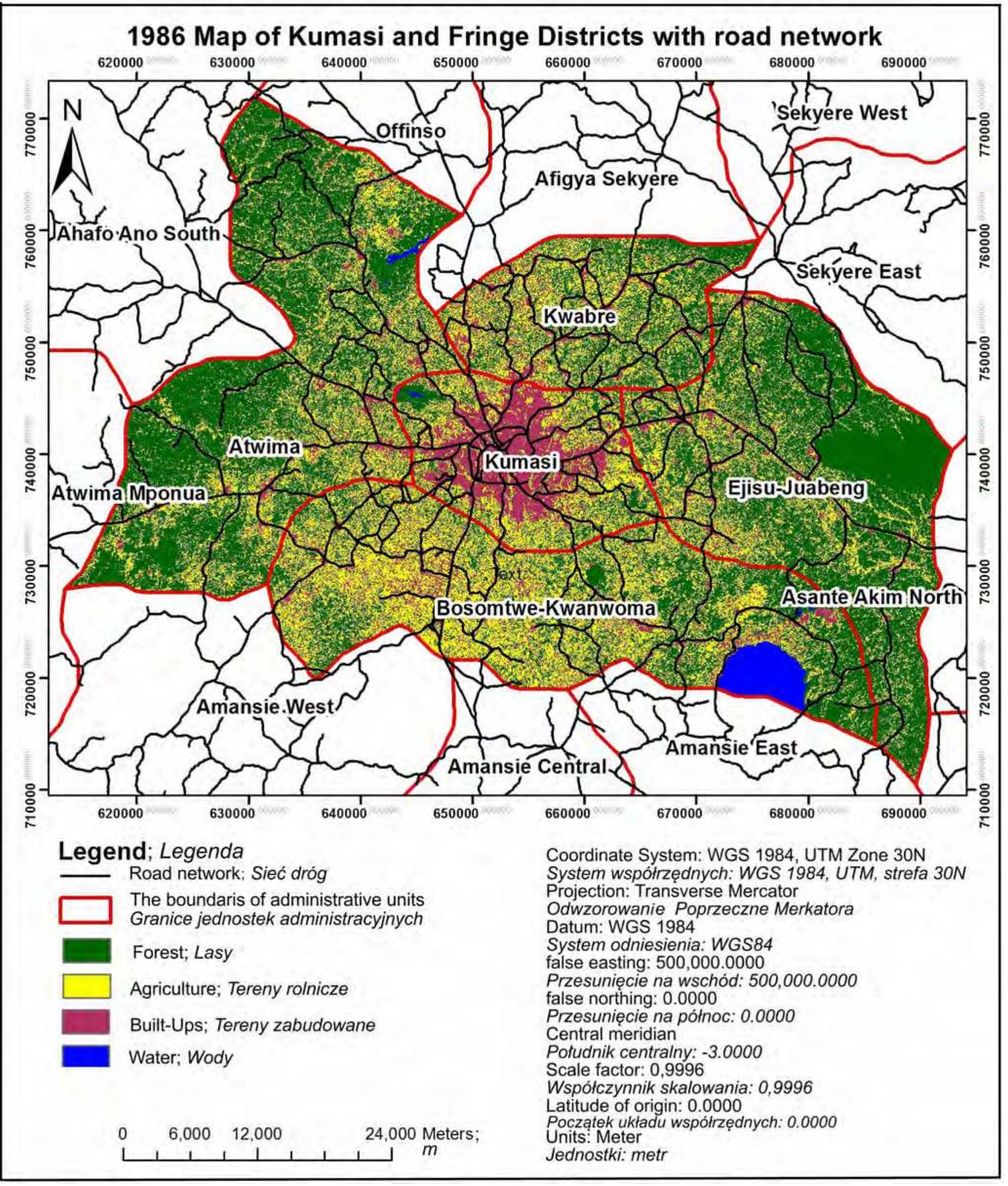 Lulc map with districts and road — 1986. ryc. 7. mapa lulc z