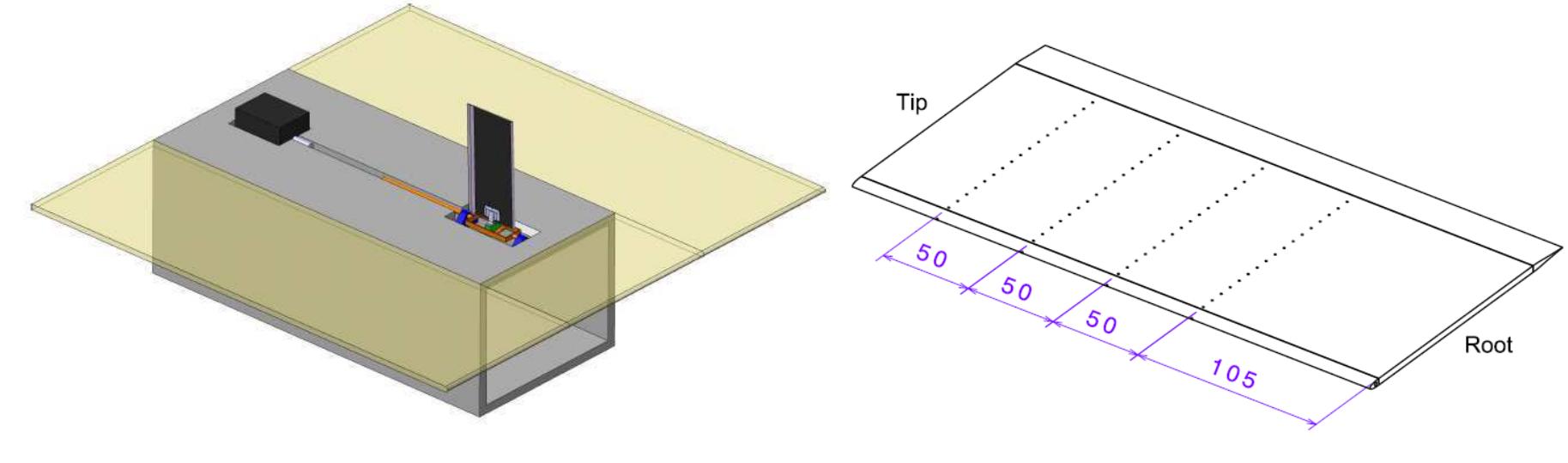Flapping rig (left) and position of pressure taps on wing