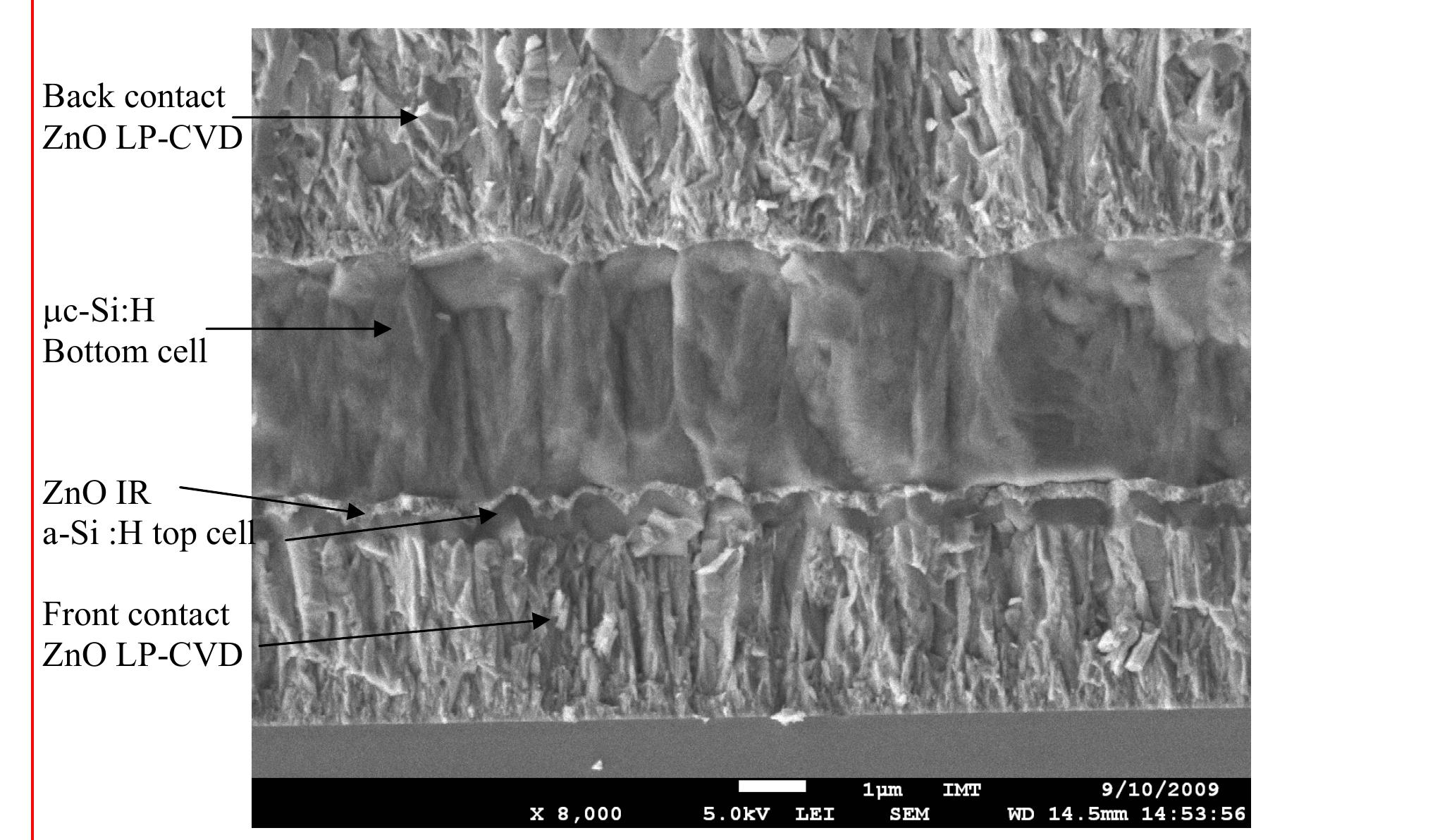 Sem cross section of micromorph tandem cell with zno