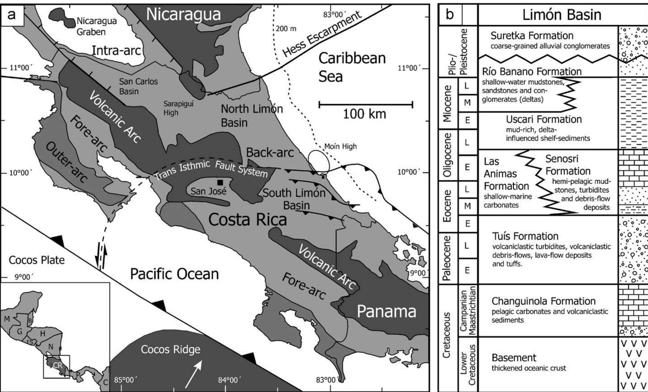 (a) geological map of costa rica. the limon basin extends