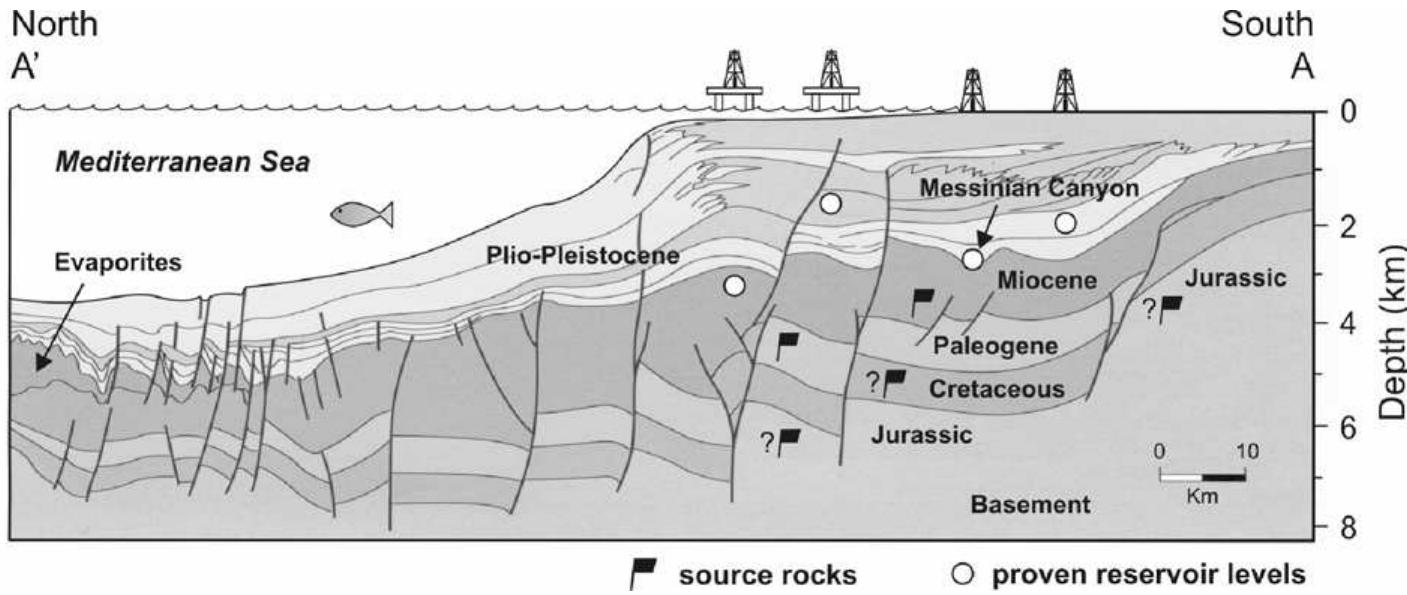 Schematic cross section through the nile delta showing major
