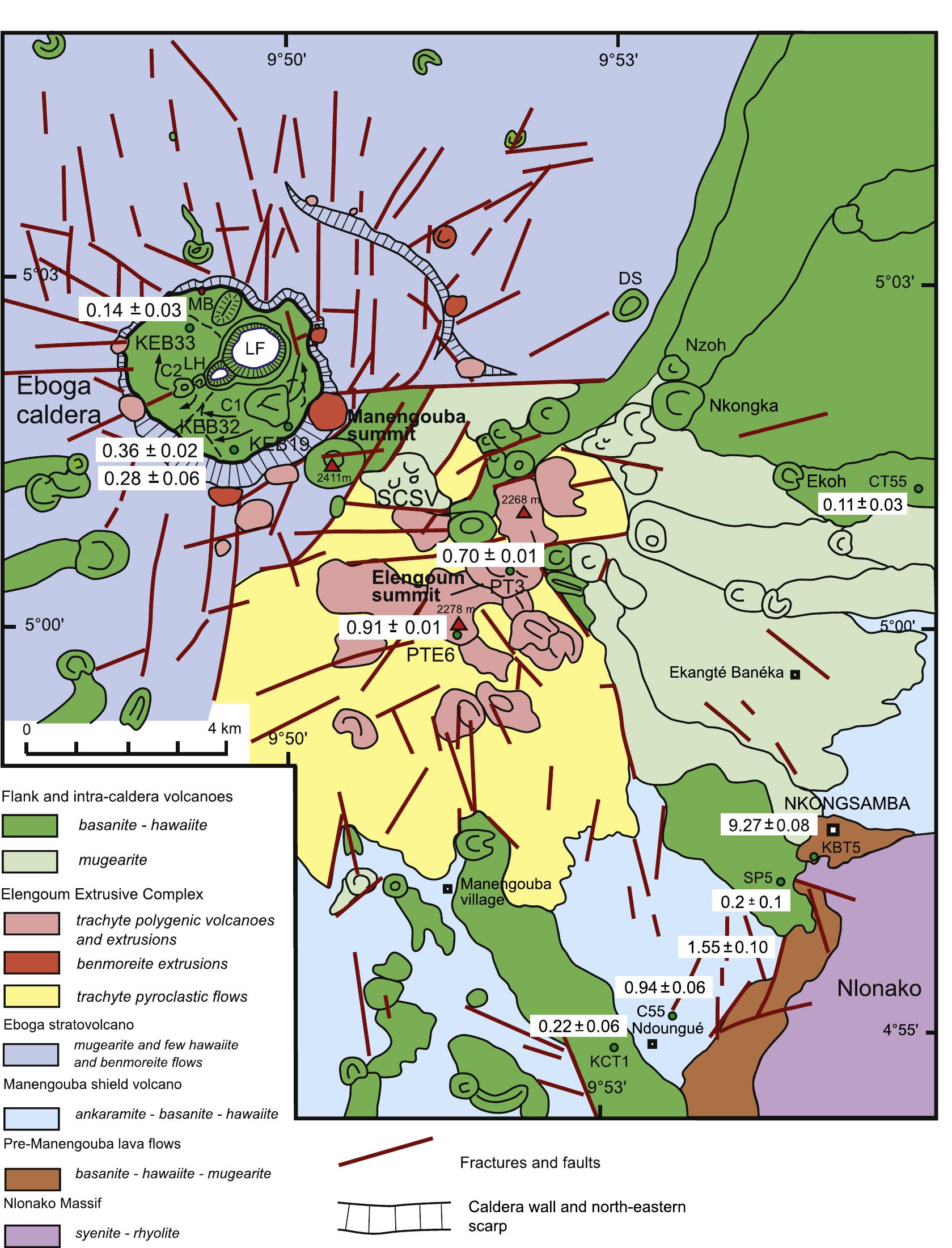 Detailed map of the eboga caldera, elengoum complex and