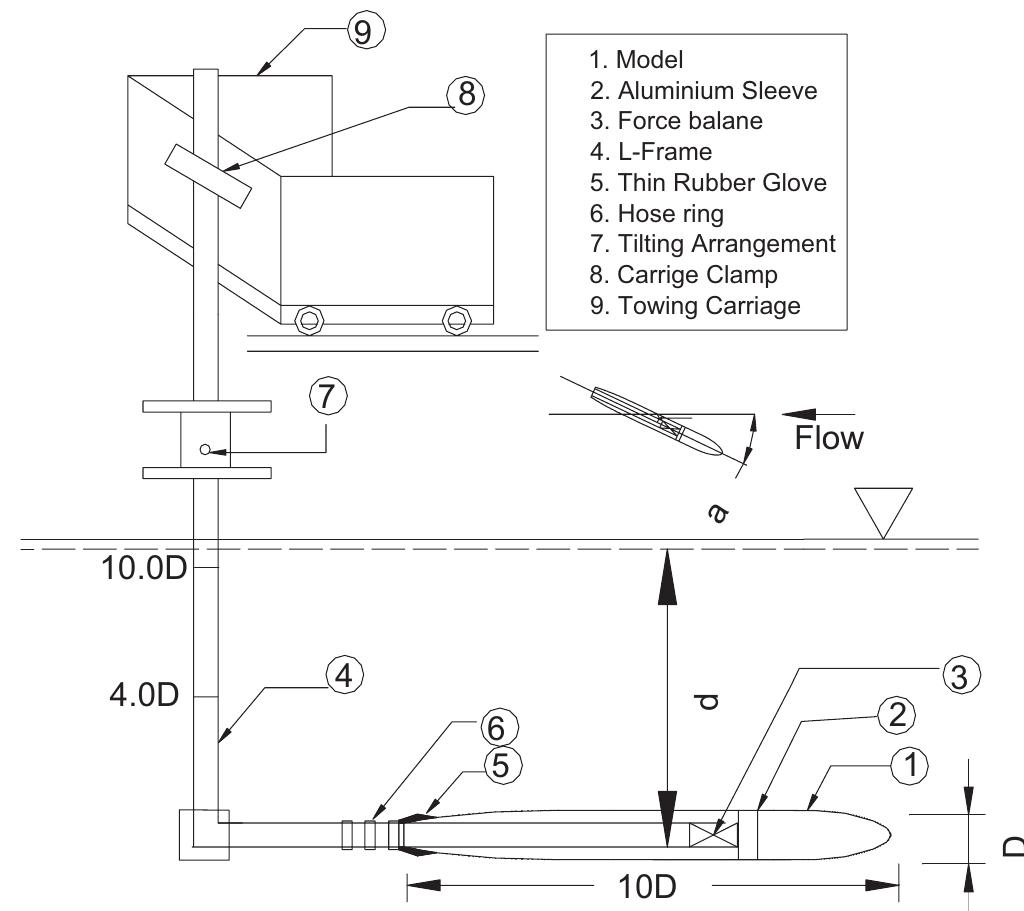 Experimental setup in the towing tank. a schematic