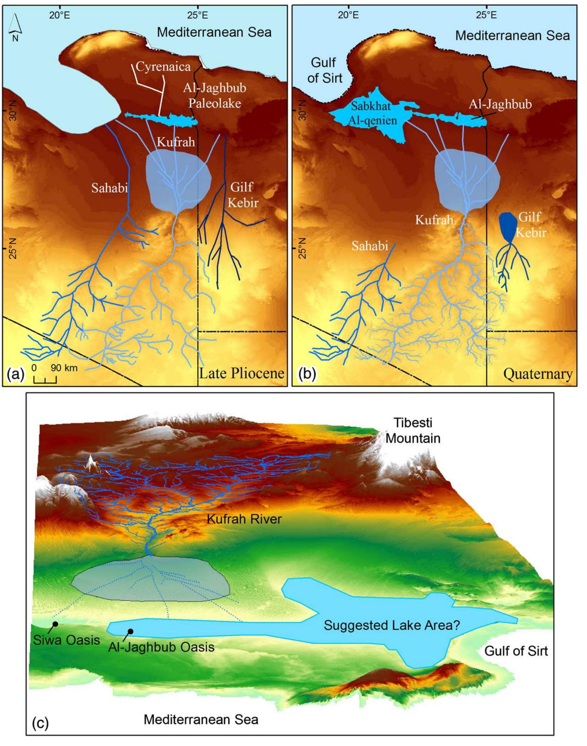 Schematic diagrams of the al-jaghbub paleolakes. (a)