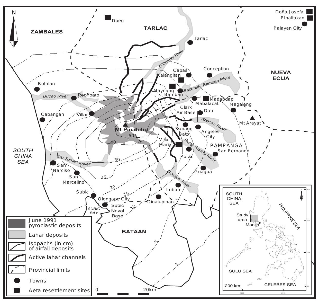 Areas affected by the 1991 eruption of mt pinatubo and