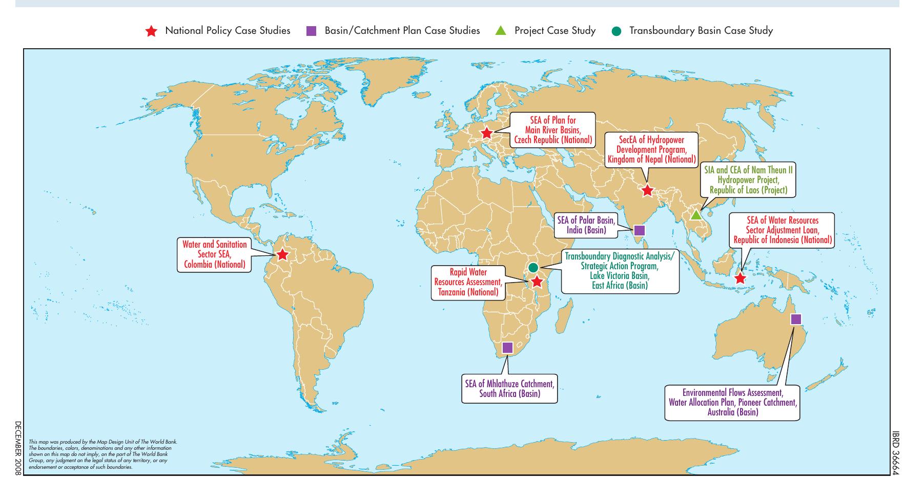 Location of ten case studies of seas in the water sector