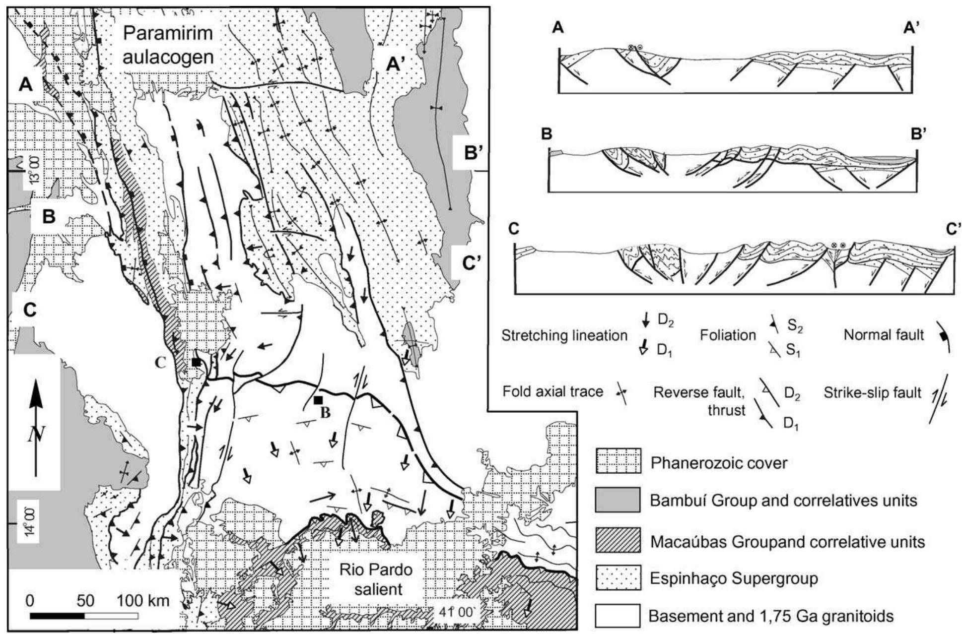 Structural map and cross-sections of the southern half of