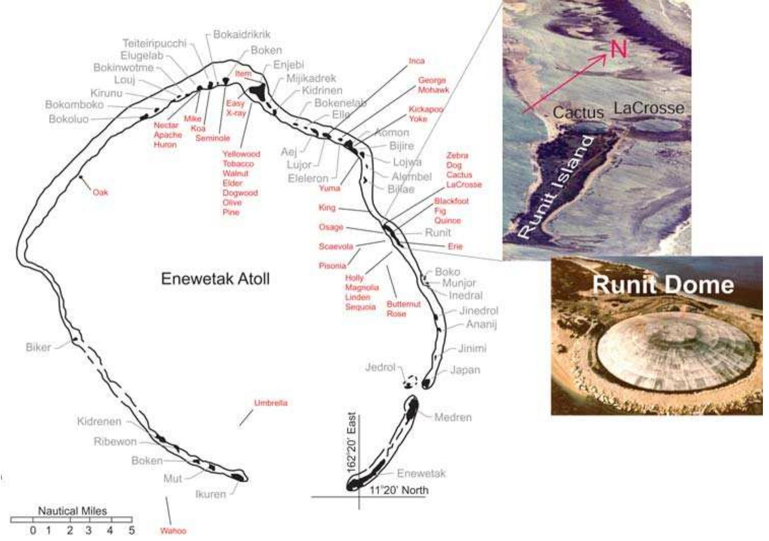 Map of enewetak atoll with names and locations of documented
