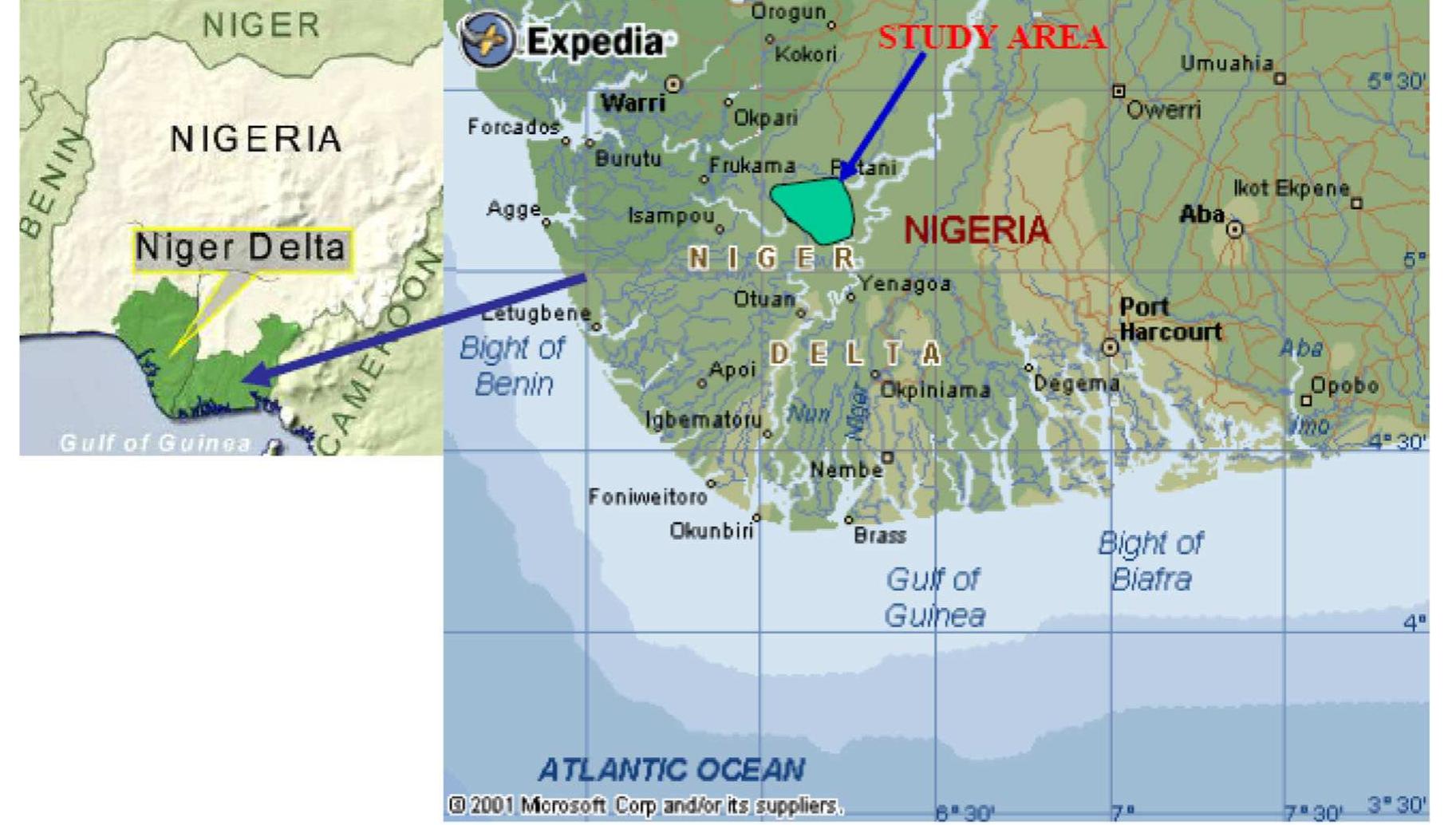 Map of nigeria, showing the study area (©2001 microsoft