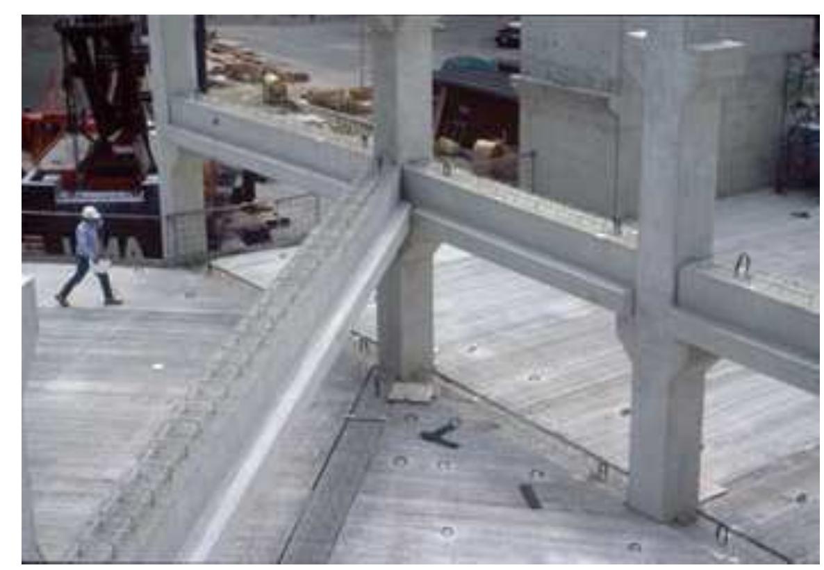 Inverted tee beams supported on precast columns