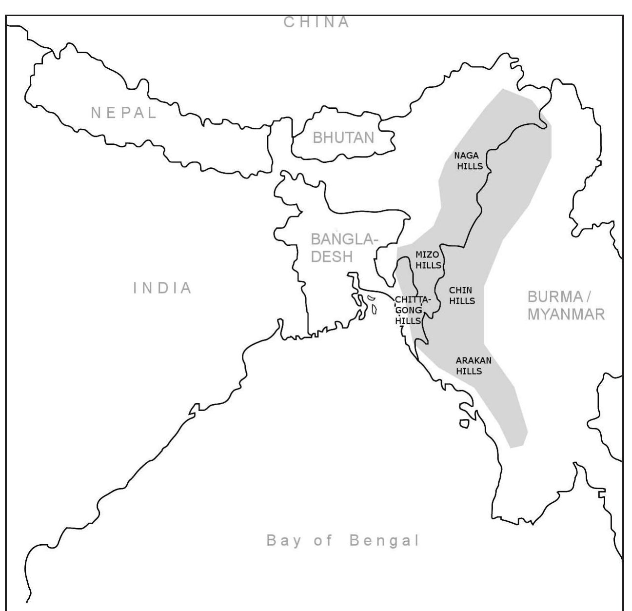 Map 1.1: the mountain ranges known as the naga, mizo, chin,