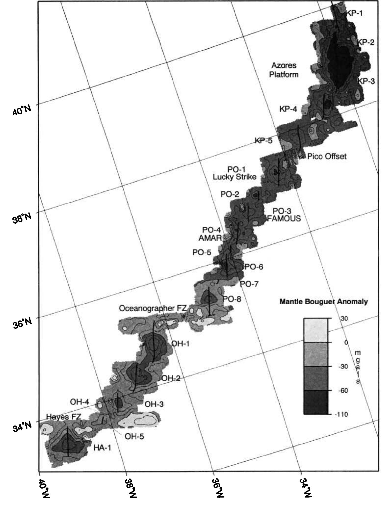 Mantle bouguer anomaly map of the mar between 33° and 40°n.