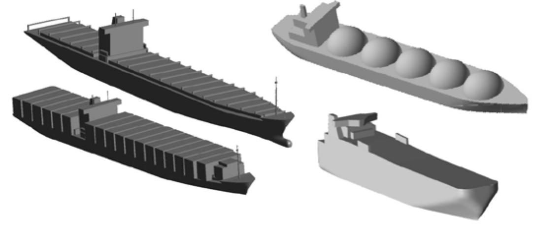 Modern ship types used to compute wind drag coefficients